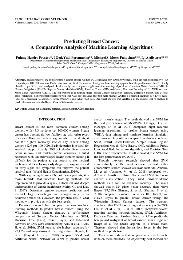 (PDF) Predicting Breast Cancer: A Comparative Analysis of Machine Learning Algorithms