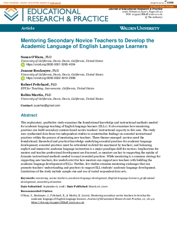 Pdf Mentoring Secondary Novice Teachers To Develop Academic Language Of English Language Learners