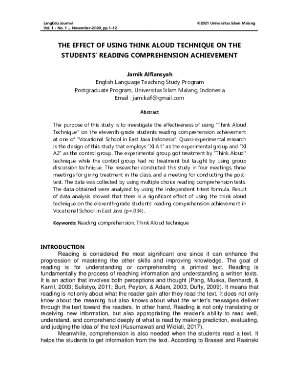 (PDF) The Effect of Using Think Aloud Technique on the Students ...