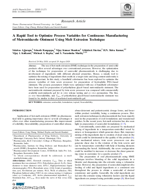 (PDF) A Rapid Tool to Optimize Process Variables for Continuous Manufacturing of Metronidazole ...