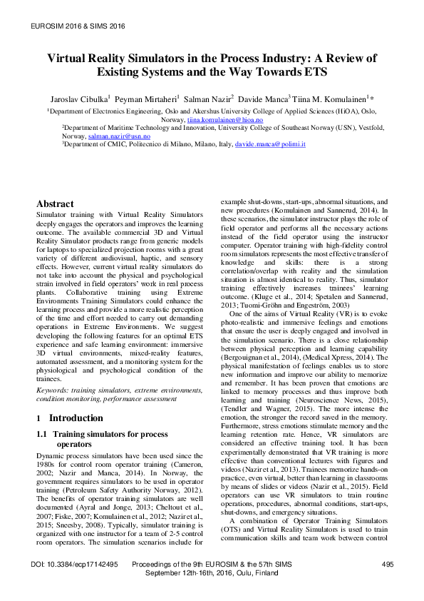 (PDF) Virtual Reality Simulators in the Process Industry: A Review of Existing Systems and the ...