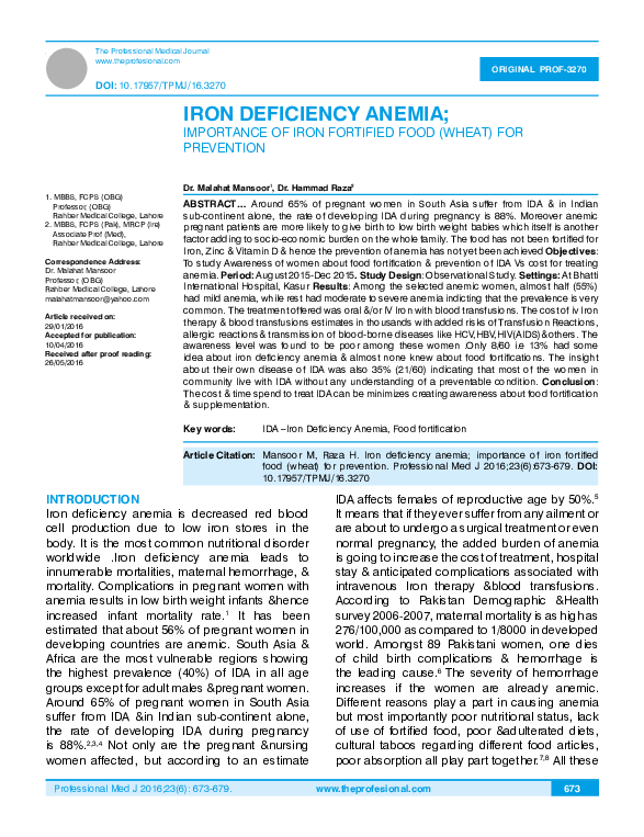 (PDF) Iron Deficiency Anemia; Importance of Iron Fortified Food (Wheat ...