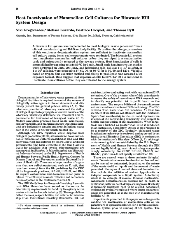 (PDF) Heat Inactivation of Mammalian Cell Cultures for Biowaste Kill ...