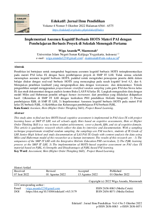 (PDF) Implementasi Asesmen Kognitif Berbasis HOTS Materi PAI dengan Pembelajaran Berbasis Proyek ...