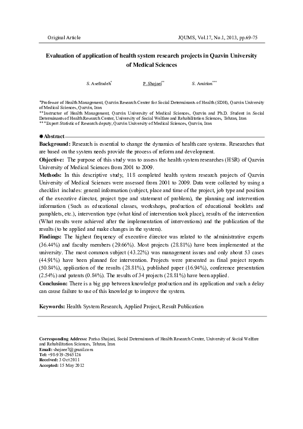 (PDF) Evaluation of application of health system research projects in ...