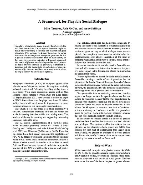 (PDF) A Framework for Playable Social Dialogue