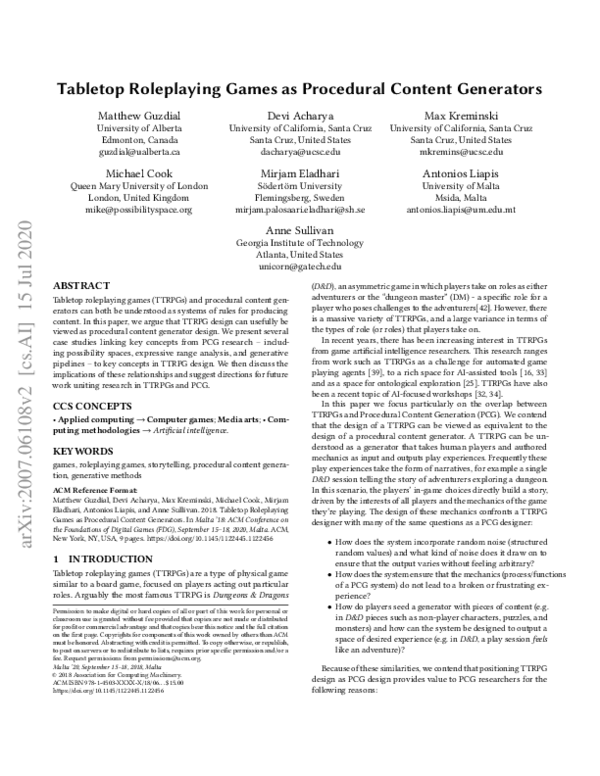 (PDF) Tabletop Roleplaying Games as Procedural Content Generators | Anne Sullivan - Academia.edu