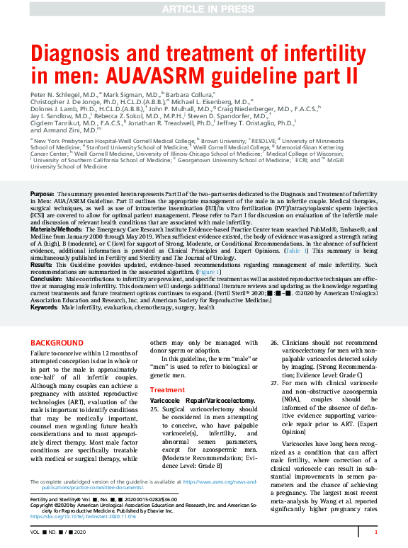 (PDF) Diagnosis and treatment of infertility in men: AUA/ASRM guideline part II