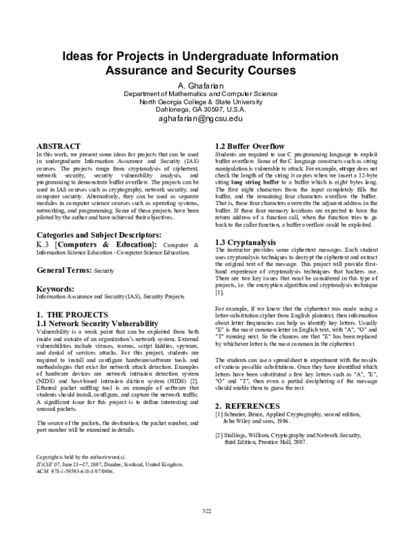 (PDF) Ideas for projects in undergraduate information assurance and ...