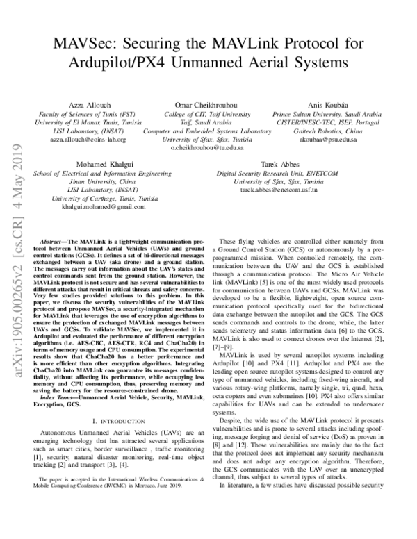 (PDF) MAVSec: Securing the MAVLink Protocol for Ardupilot/PX4 Unmanned Aerial Systems