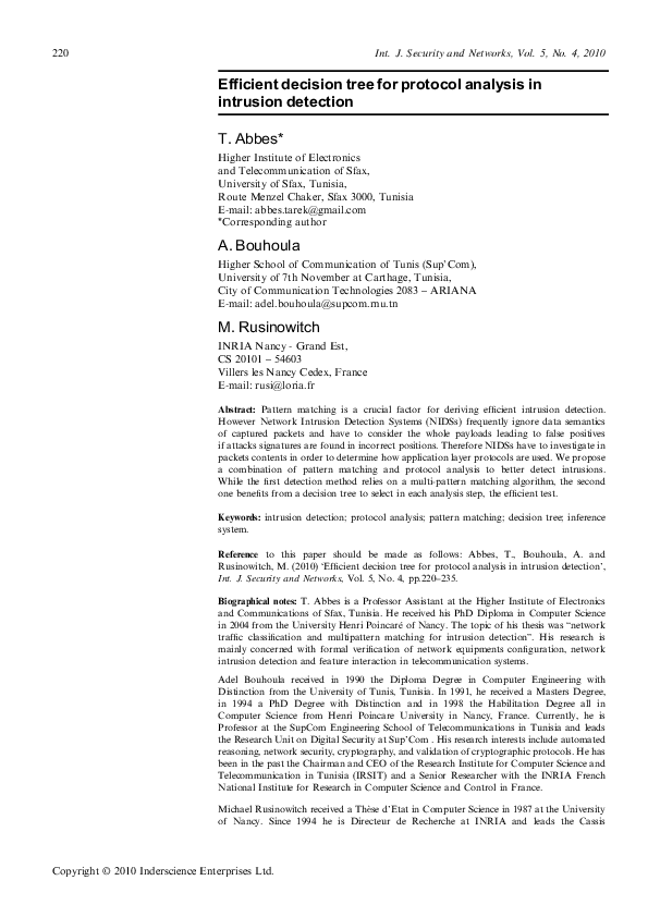 (PDF) Efficient decision tree for protocol analysis in intrusion detection