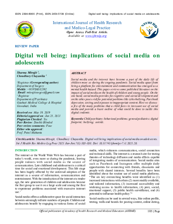 (PDF) Digital well being: implications of social media on adolescents