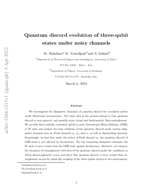 (PDF) Quantum discord evolution of three-qubit states under noisy channels