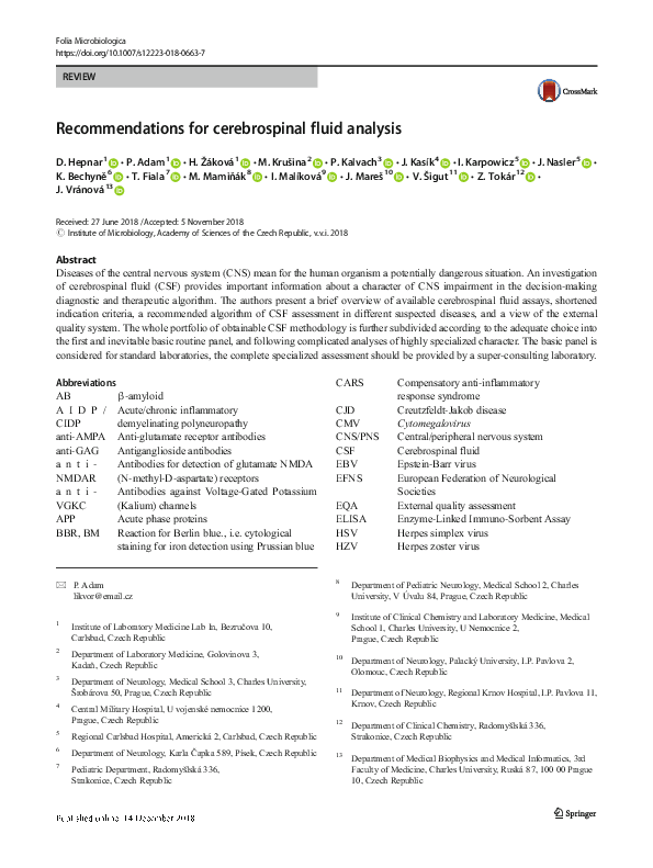 (PDF) Recommendations for cerebrospinal fluid analysis