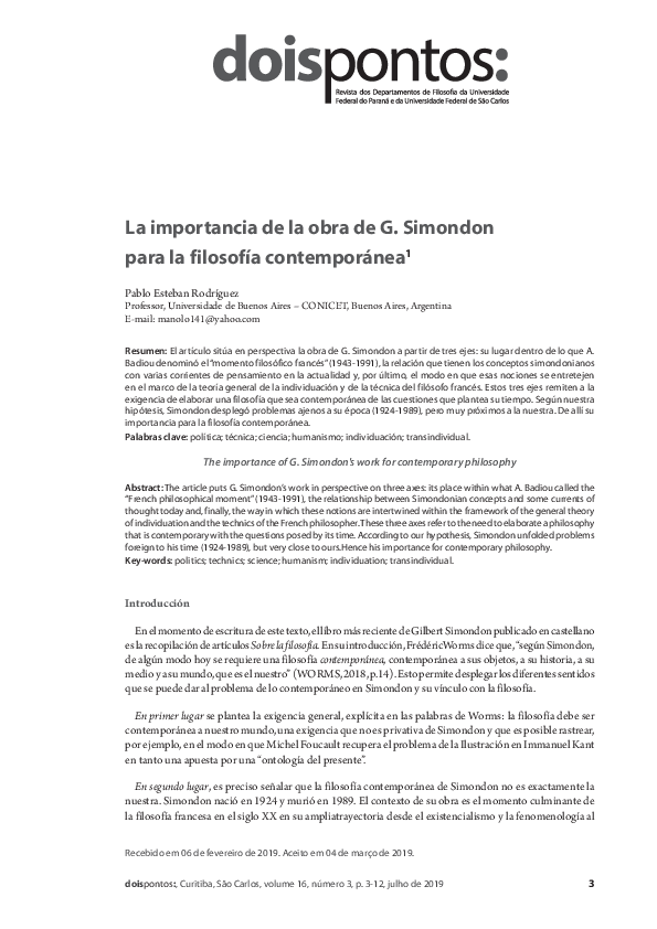 (PDF) La importancia de la obra de G. Simondon para la filosofía ...