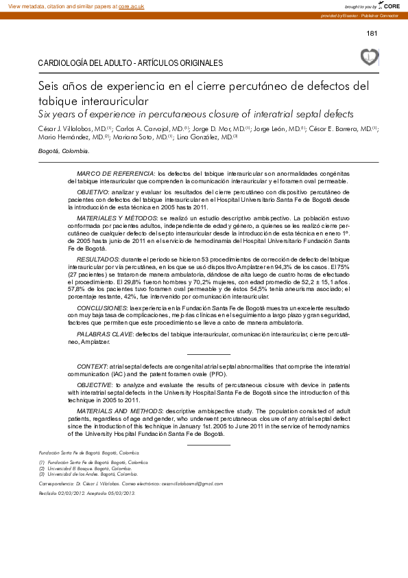 (PDF) Seis años de experiencia en el cierre percutáneo de defectos del ...