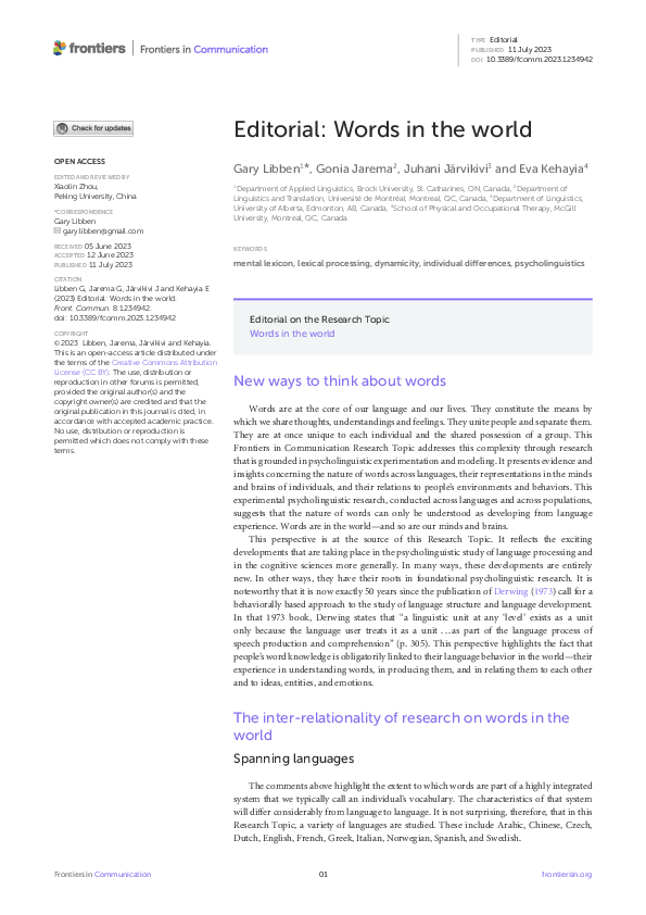 (PDF) Editorial: Words in the world