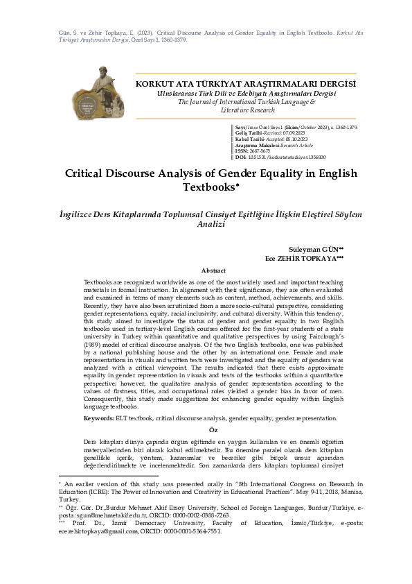 (PDF) Critical Discourse Analysis of Gender Equality in English Textbooks
