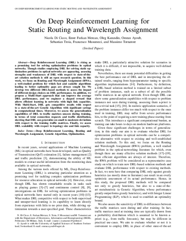 (PDF) On Deep Reinforcement Learning for Static Routing and Wavelength Assignment