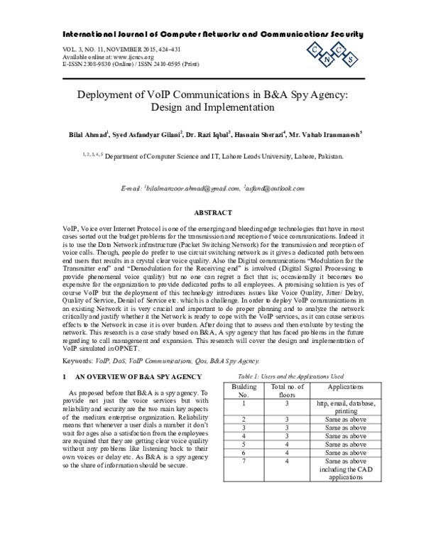 (PDF) Deployment of VoIP Communications in B&A Spy Agency: Design and Implementation | Syed Ali ...