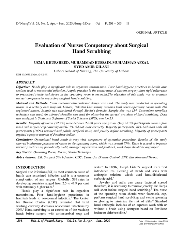 (PDF) Evaluation of Nurses Competency about Surgical Hand Scrubbing