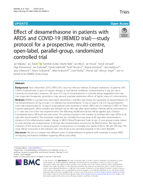 (PDF) Effect of dexamethasone in patients with ARDS and COVID-19 (REMED trial)—study protocol ...