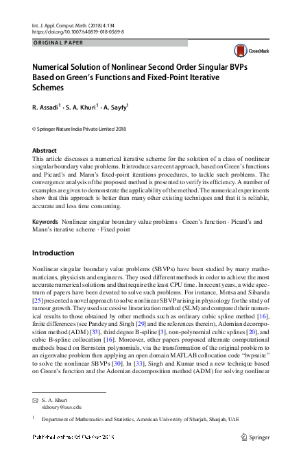 (PDF) Numerical Solution of Nonlinear Second Order Singular BVPs Based on Green’s Functions and ...
