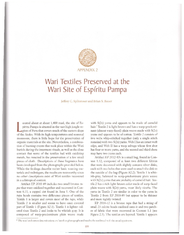 (PDF) Wari Textiles Preserved at the Wari Site of Espiritu Pampa