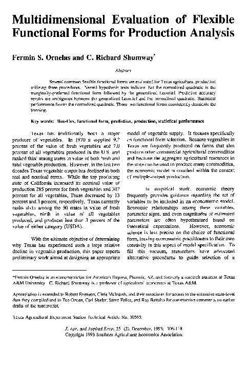 Pdf Multidimensional Evaluation Of Flexible Functional Forms For Production Analysis