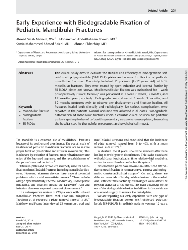 (PDF) Early Experience with Biodegradable Fixation of Pediatric ...