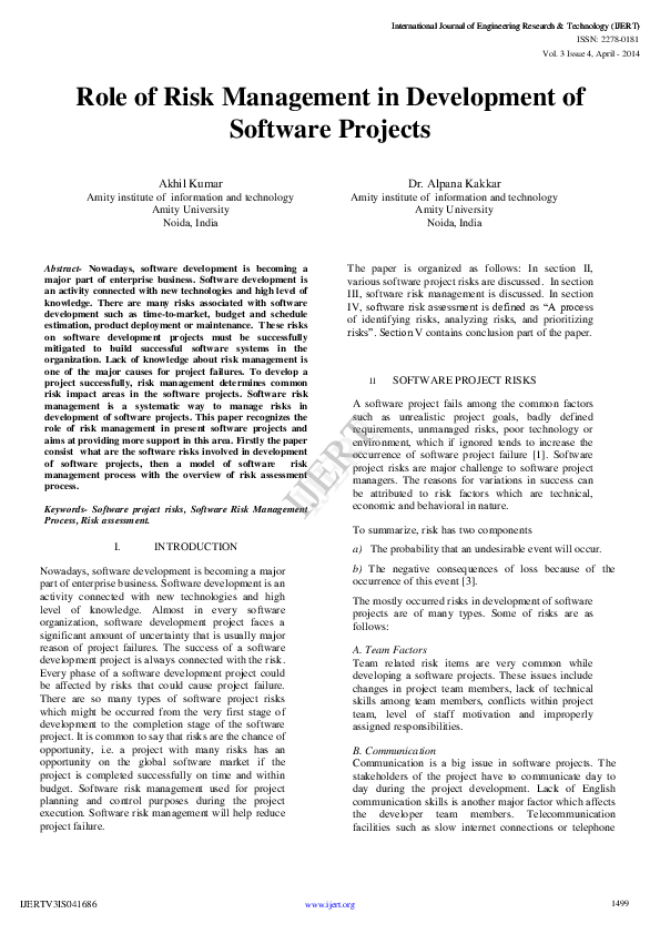 (PDF) Role of Risk Management in Development of Software Projects