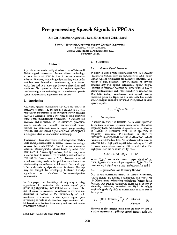 (PDF) Pre-processing Speech Signals in FPGAs