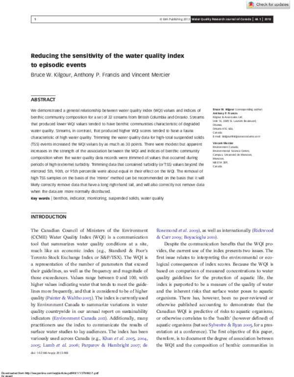 (PDF) Reducing the sensitivity of the water quality index to episodic ...
