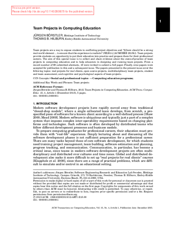 (PDF) Team Projects in Computing Education