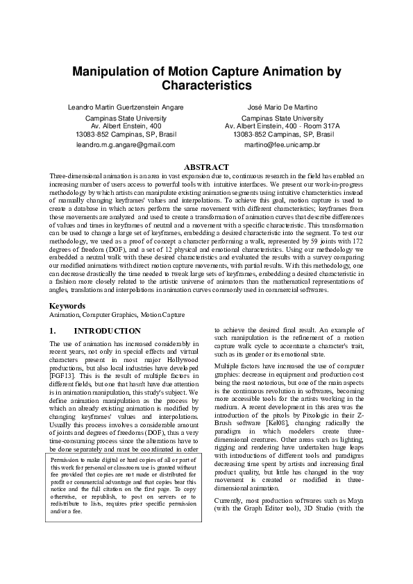 (PDF) Manipulation of Motion Capture Animation by Characteristics