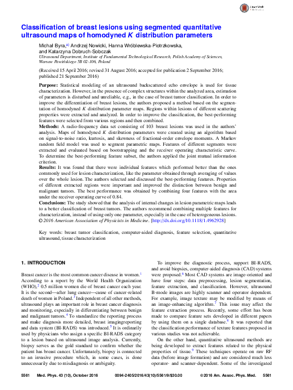 Pdf Classification Of Breast Lesions Using Segmented Quantitative