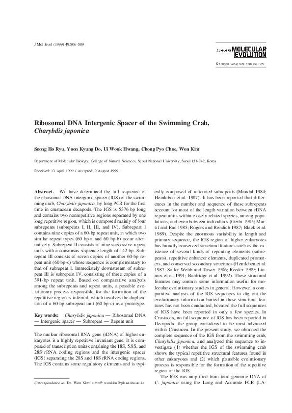(PDF) Ribosomal DNA Intergenic Spacer of the Swimming Crab, Charybdis ...