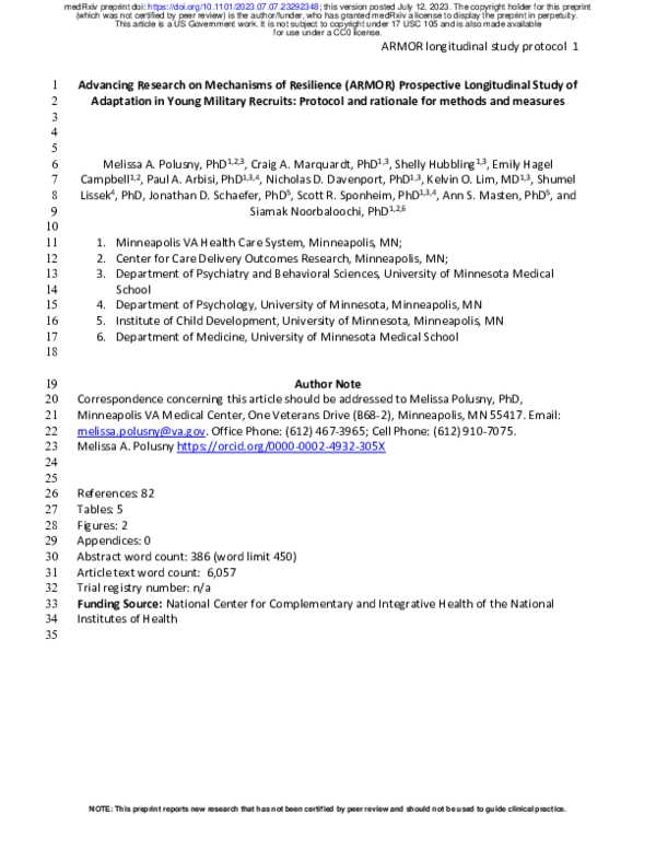 (PDF) Advancing Research on Mechanisms of Resilience (ARMOR) Prospective Longitudinal Study of ...