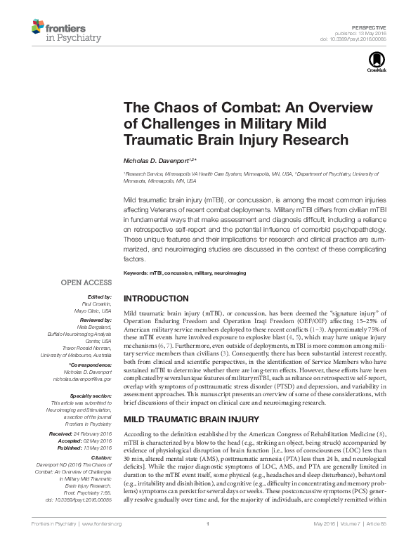(PDF) The Chaos of Combat: An Overview of Challenges in Military Mild Traumatic Brain Injury ...