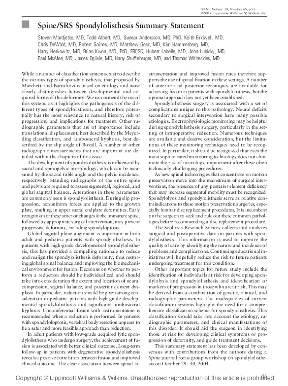 (PDF) Spine/SRS Spondylolisthesis Summary Statement