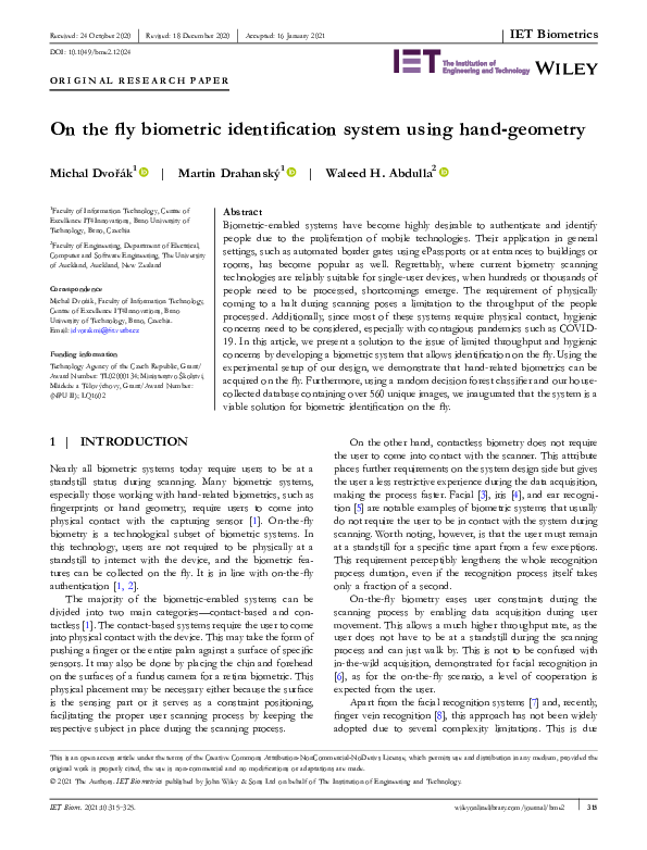 (PDF) On the fly biometric identification system using hand‐geometry