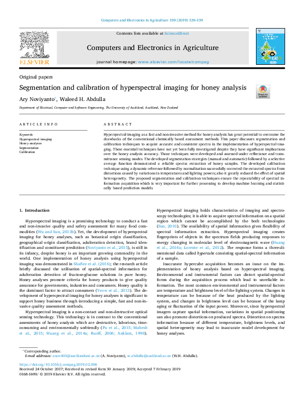 (PDF) Segmentation and calibration of hyperspectral imaging for honey analysis