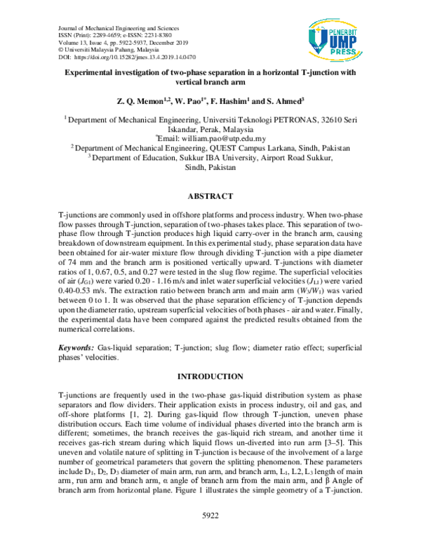 (PDF) Experimental investigation of two-phase separation in a horizontal T-junction with ...