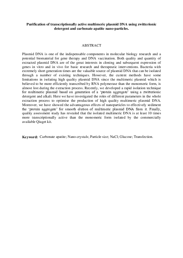(PDF) Purification of transcriptionally active multimeric plasmid DNA ...