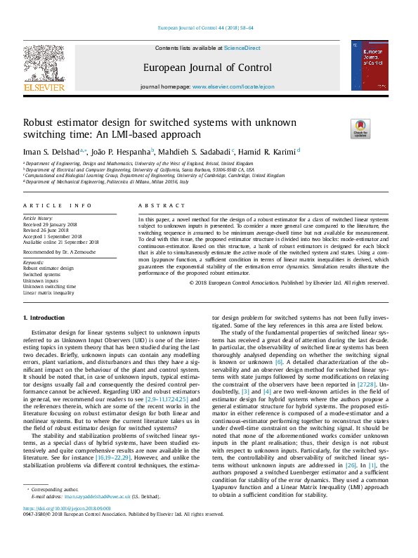 Pdf Robust Estimator Design For Switched Systems With Unknown Switching Time An Lmi Based 