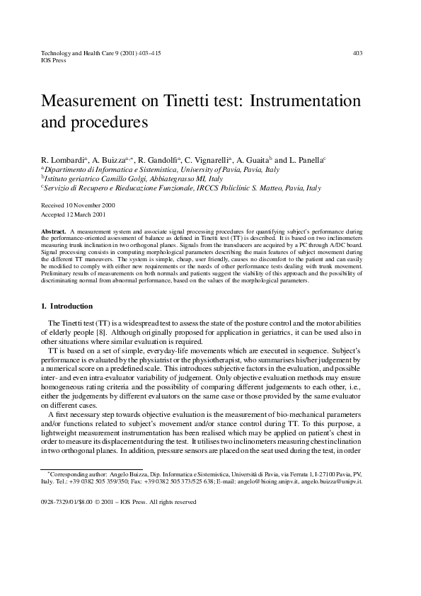 (PDF) Measurement on Tinetti test: Instrumentation and procedures