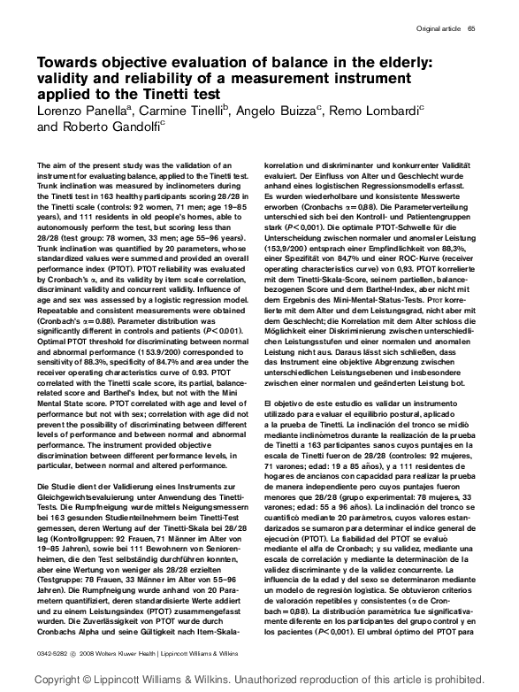 (PDF) Towards objective evaluation of balance in the elderly: validity ...