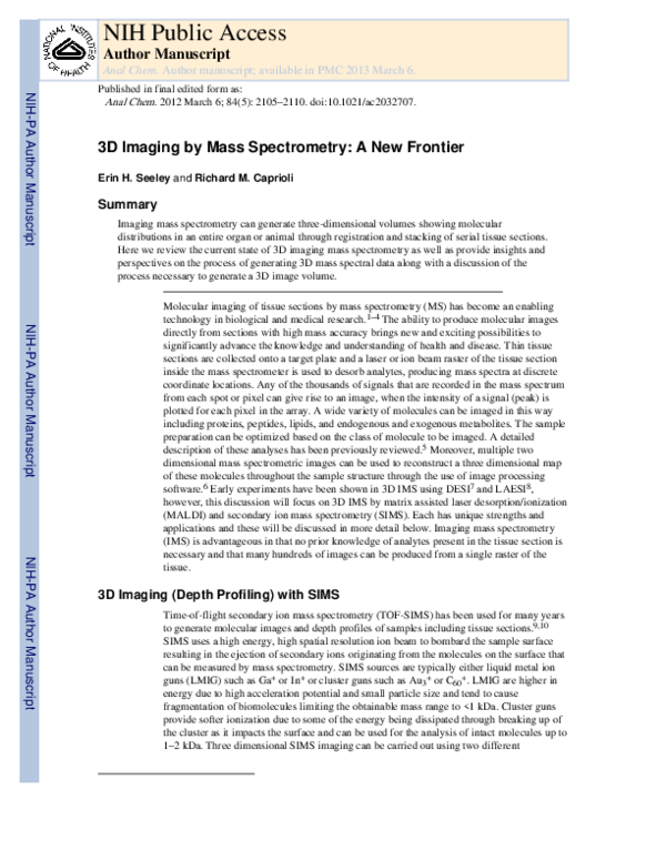 (PDF) 3D Imaging by Mass Spectrometry: A New Frontier