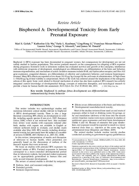 (PDF) Bisphenol A: developmental toxicity from early prenatal exposurea