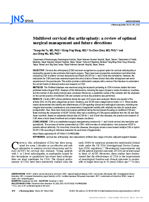 (PDF) Multilevel cervical disc arthroplasty: a review of optimal ...